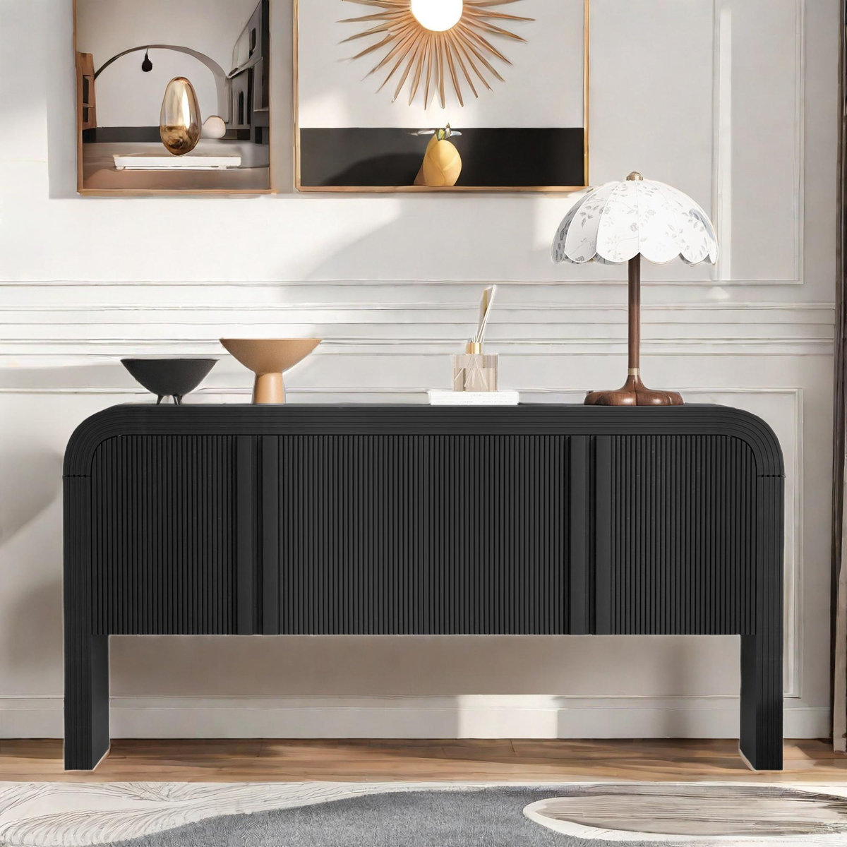 Ebern Designs 4-door Sideboard With Stripe Design, Adjustable Shelves And Curved Edge | Wayfair
